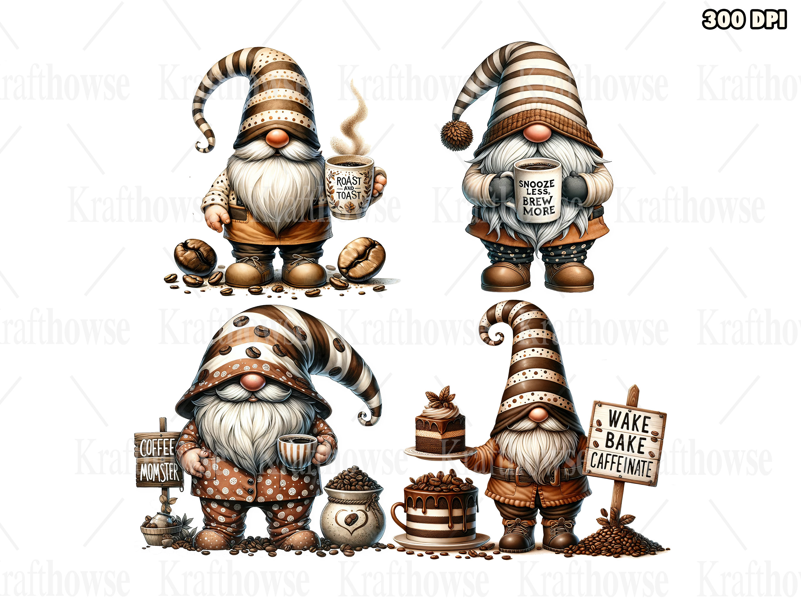 Watercolor Coffee Lover Gnome PNG Clipart Bundle of 20, Cute Gnome PNG ...