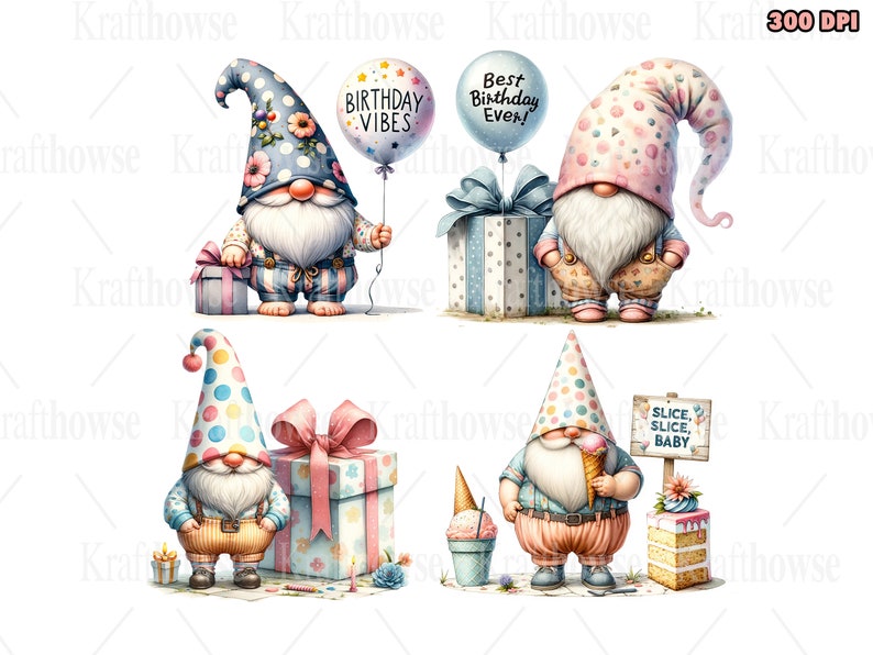 Watercolor Happy Birthday Gnomes PNG Clipart Bundle of 20, Cute ...