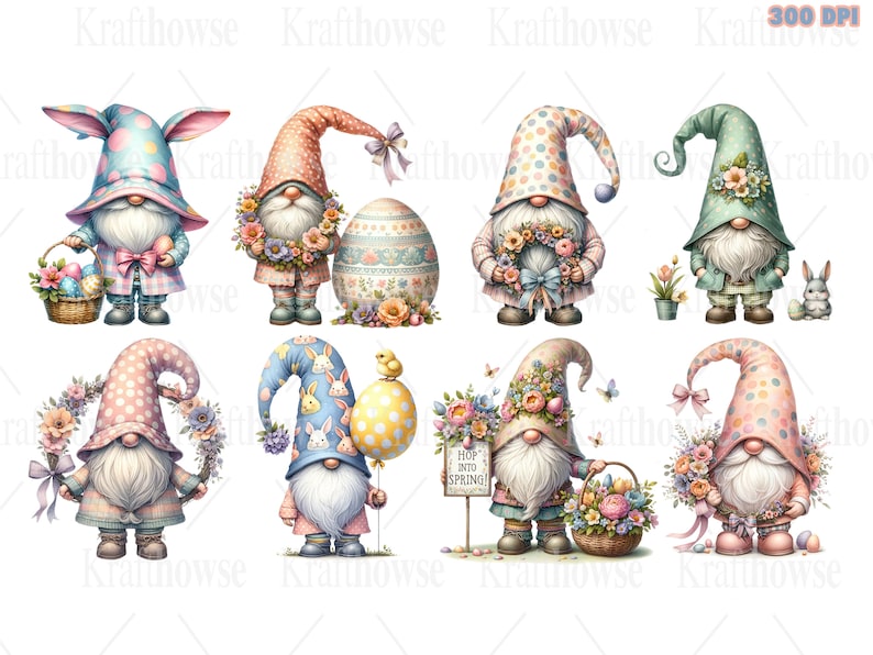 Watercolor Easter Gnomes PNG Clipart Bundle of 30, Cute Spring Flower ...