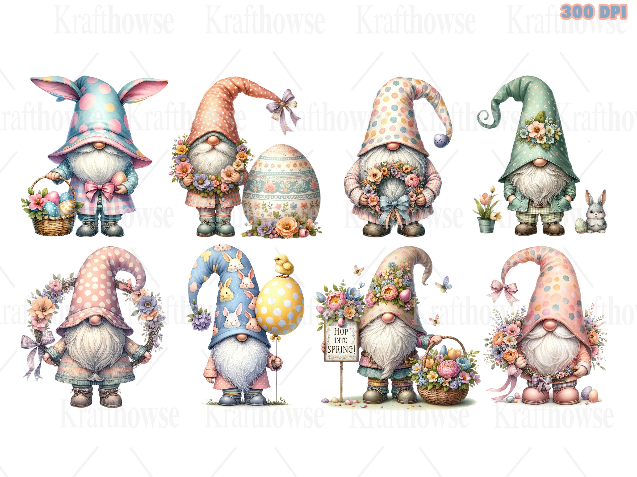 Watercolor Easter Gnomes PNG Clipart Bundle of 30, Cute Spring Flower ...
