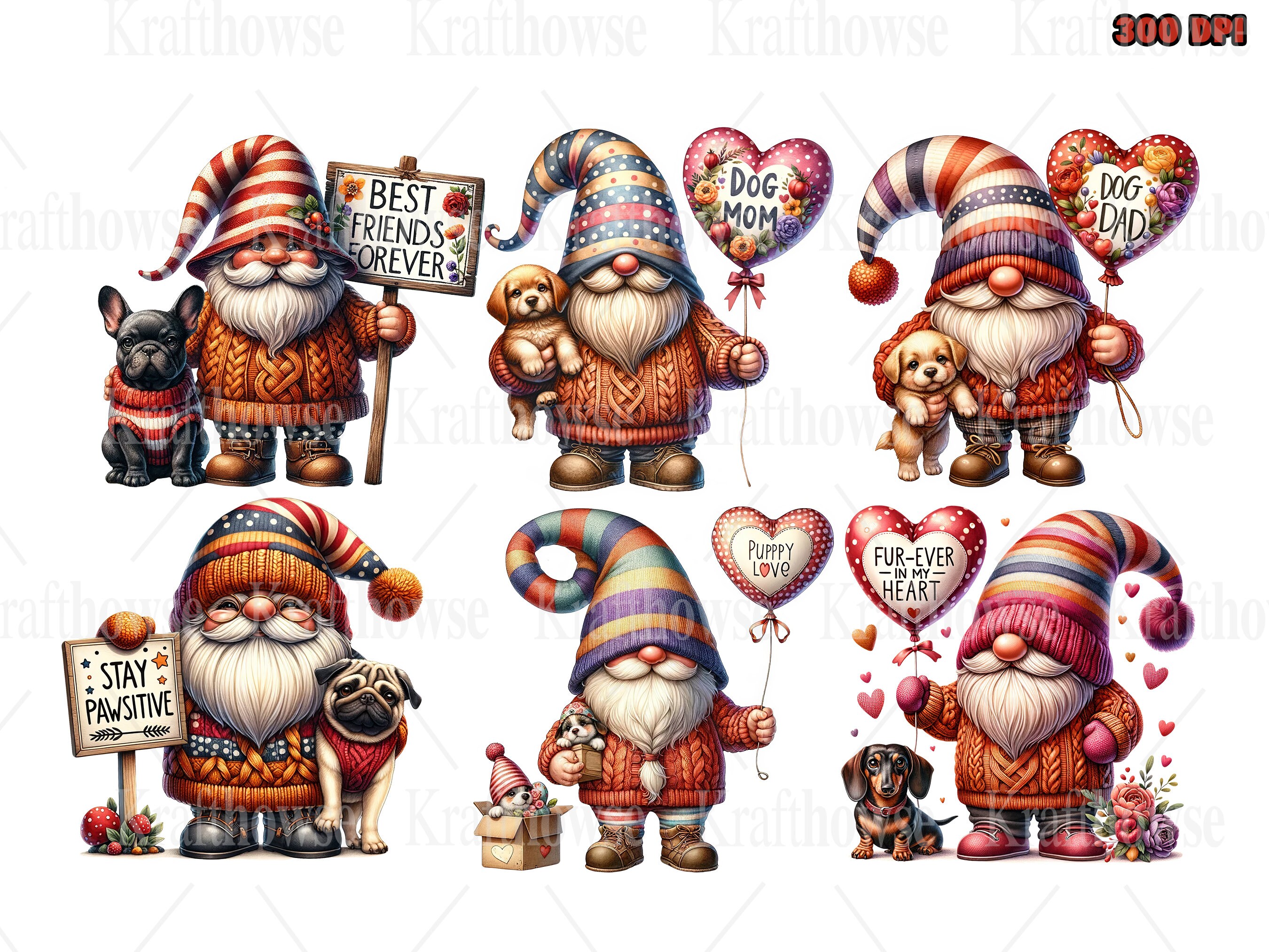 Watercolor Dog Lover Gnomes PNG Clipart Bundle of 20, Cute Gnome PNG ...
