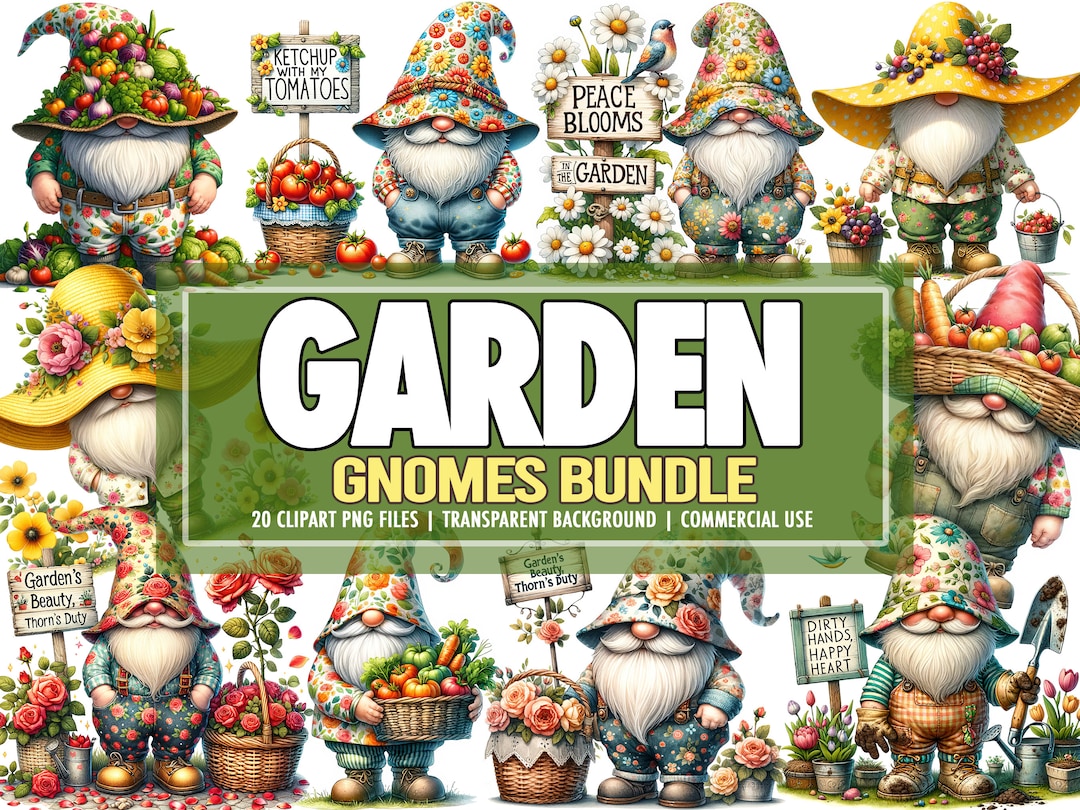 Watercolor Spring Garden Outdoor Gnomes PNG Clipart Bundle of 20, Cute ...