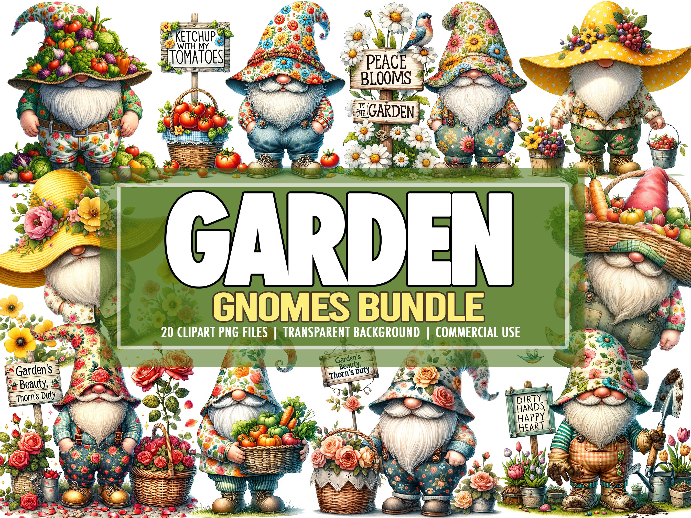 Watercolor Spring Garden Outdoor Gnomes PNG Clipart Bundle of 20, Cute ...