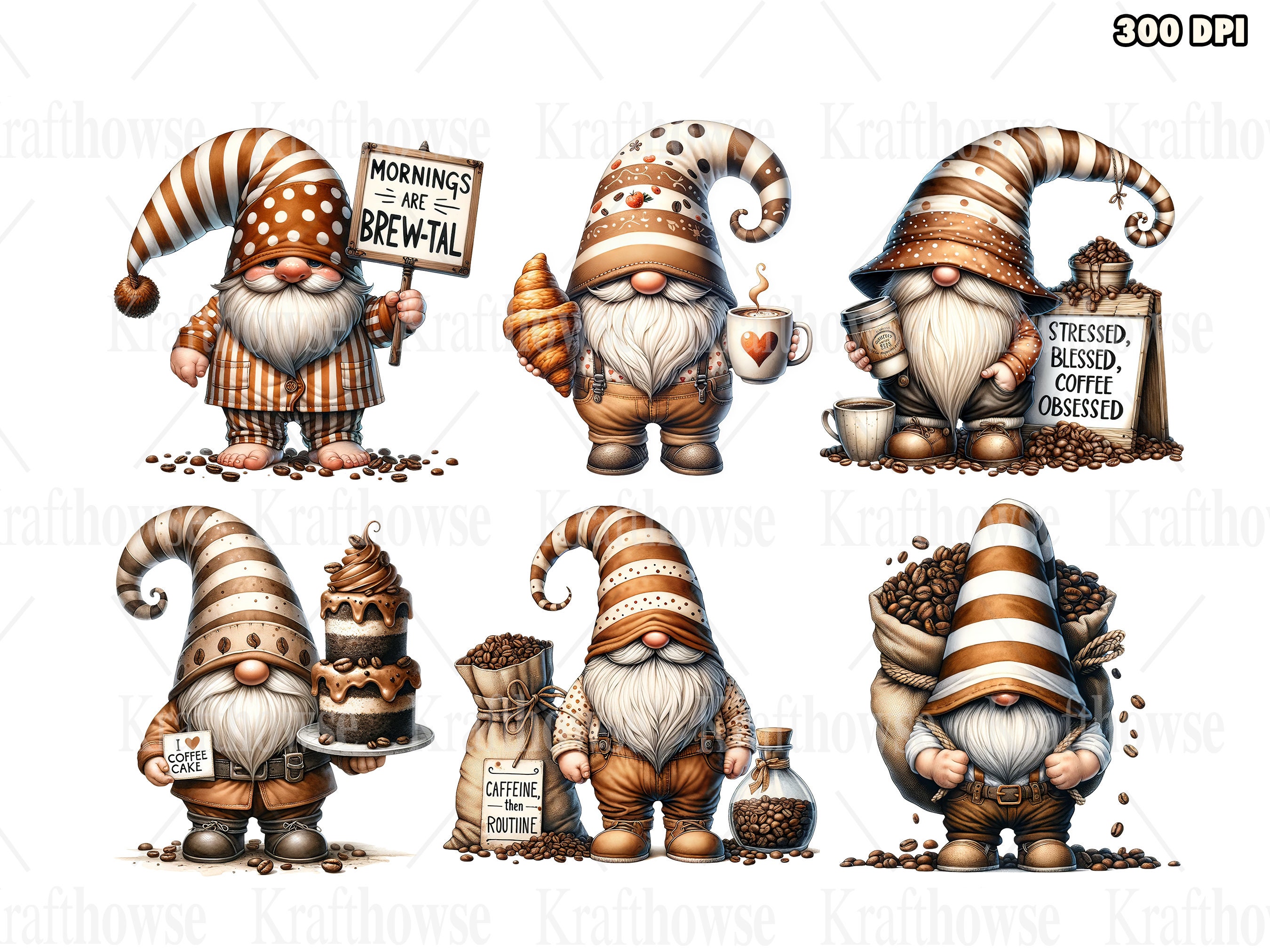 Watercolor Coffee Lover Gnome PNG Clipart Bundle of 20, Cute Gnome PNG ...