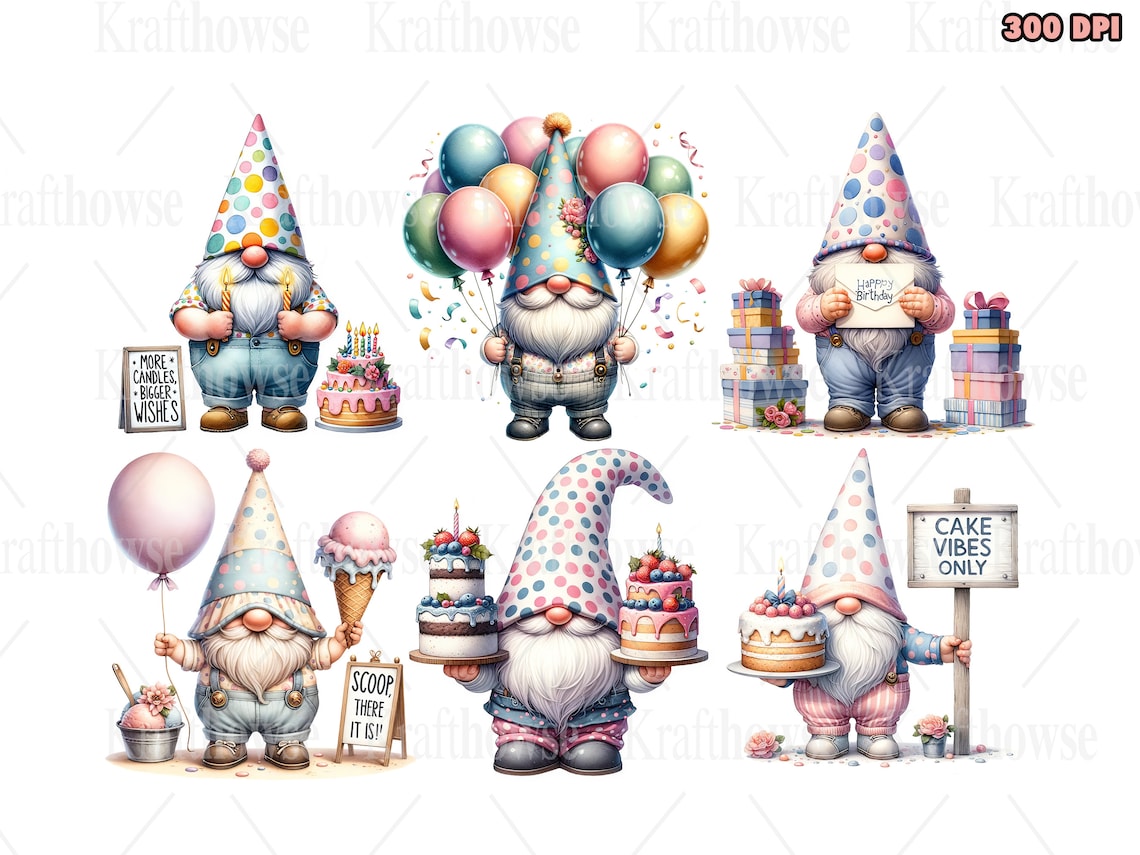 Watercolor Happy Birthday Gnomes PNG Clipart Bundle of 20, Cute ...