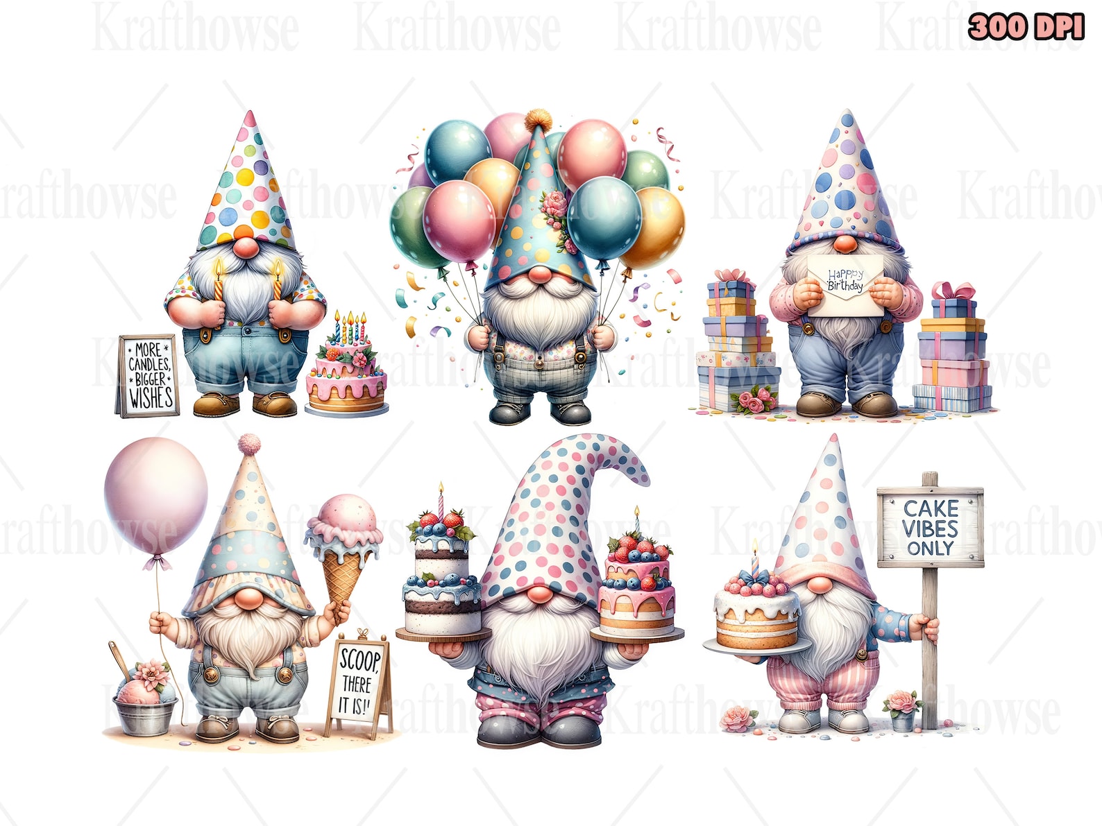 Watercolor Happy Birthday Gnomes PNG Clipart Bundle of 20, Cute ...