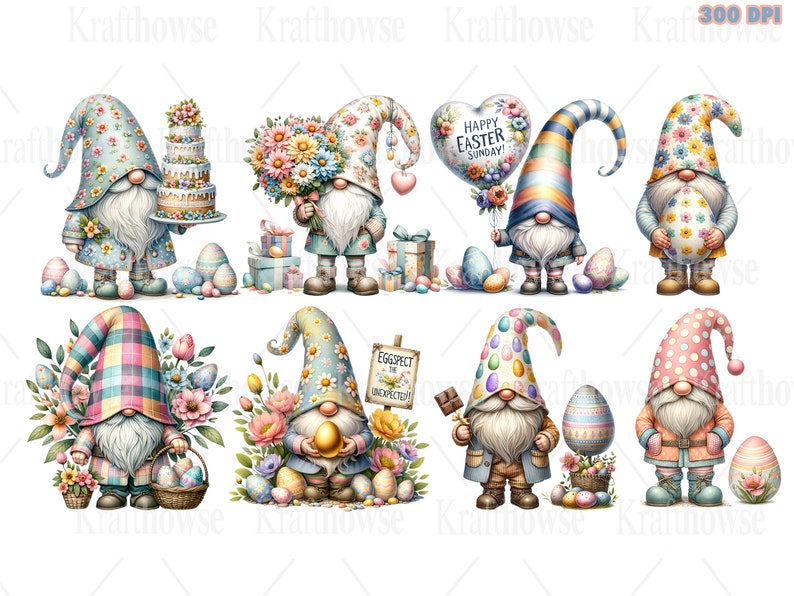 Watercolor Easter Gnomes PNG Clipart Bundle of 30, Cute Spring Flower ...