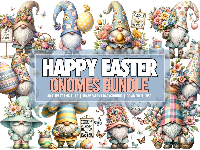 Watercolor Easter Gnomes PNG Clipart Bundle of 30, Cute Spring Flower ...