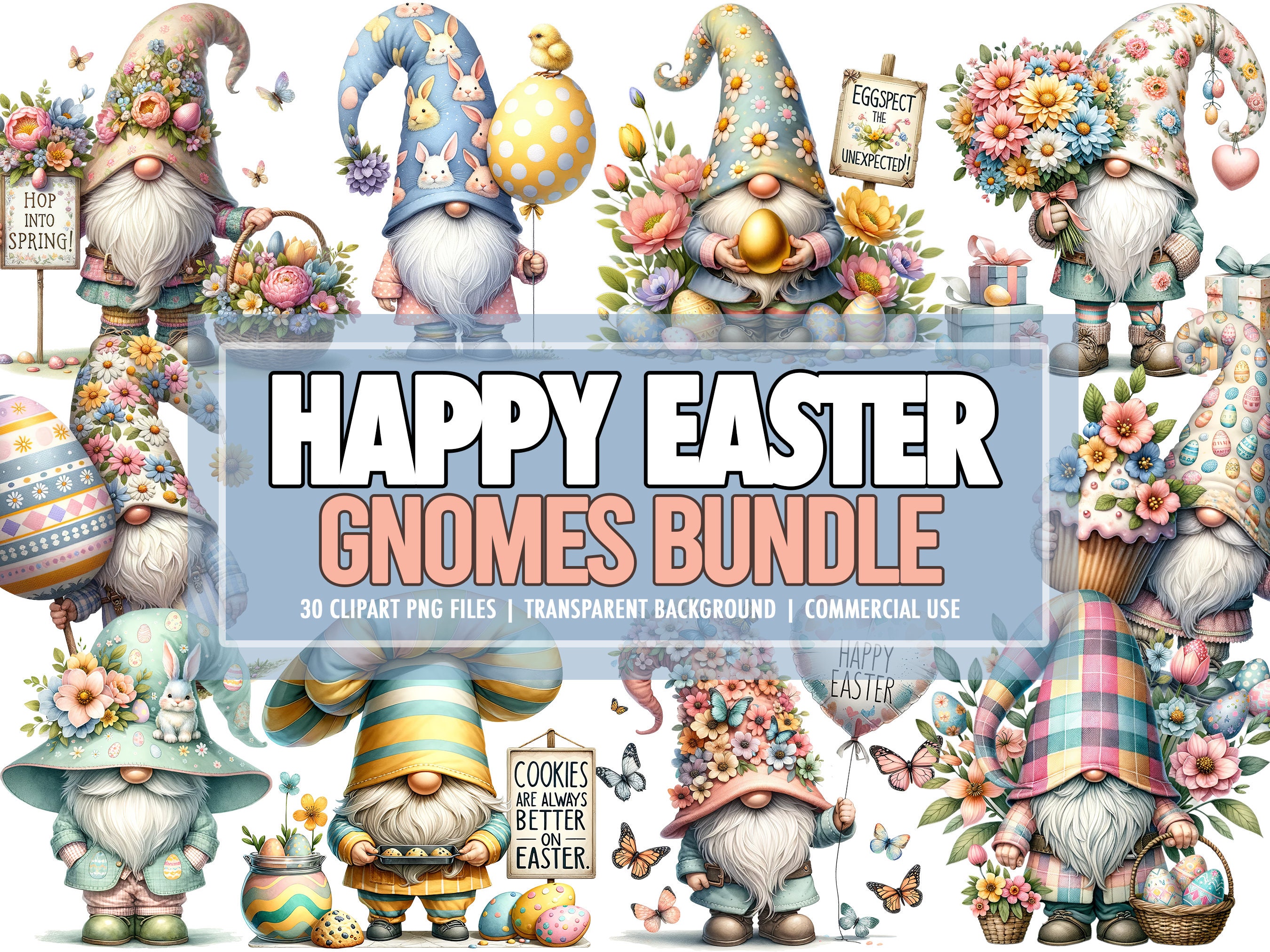 Watercolor Easter Gnomes PNG Clipart Bundle of 30, Cute Spring Flower ...