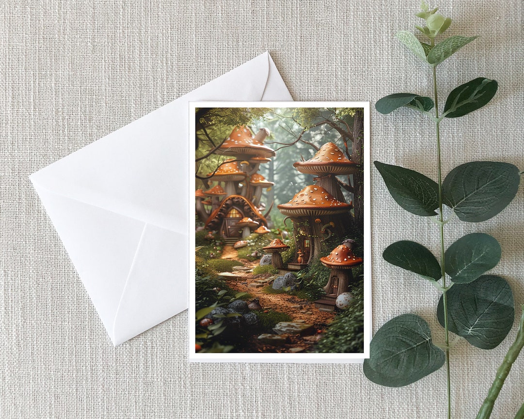 Cozy Cottagecore Note Cards - Orange Mushroom House Community, 4x6 Card ...