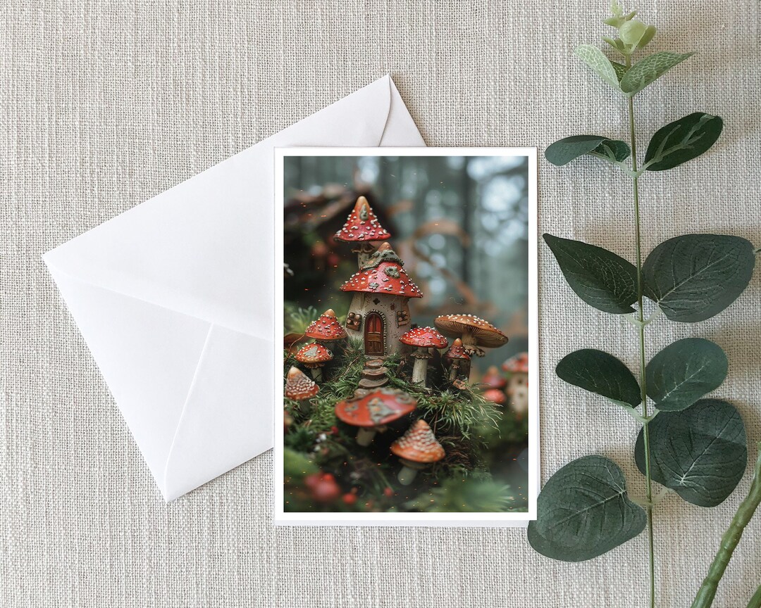 Cozy Cottagecore Note Cards - Red Mushroom House Close Up, 4x6 Card ...