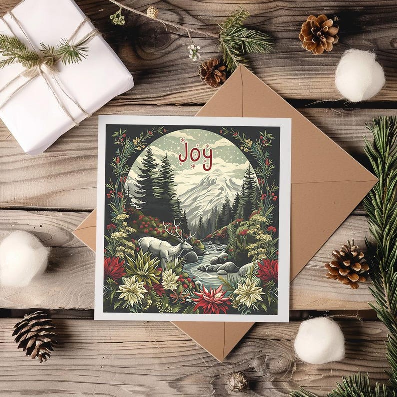 Box of 12 Rustic Holiday Cards Featuring Mountain Scenes - Square Cards ...