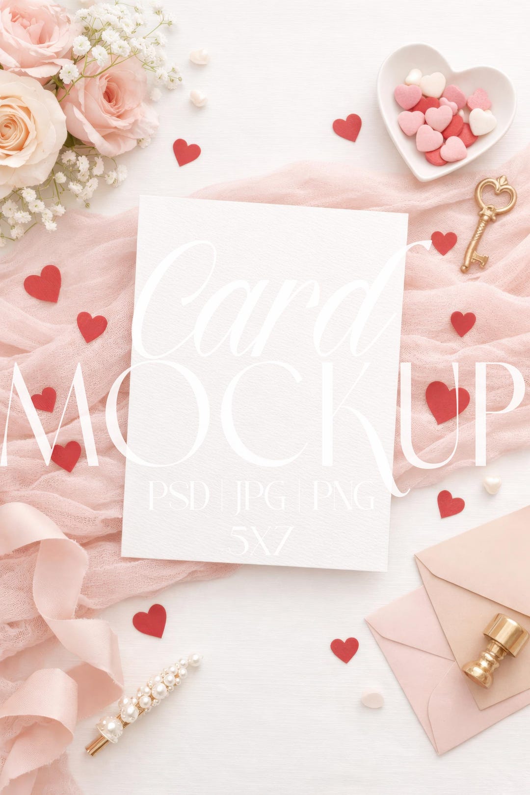 Flat Lay Valentines Day Card Mockup, 5x7 Wedding Invitation Mockup ...