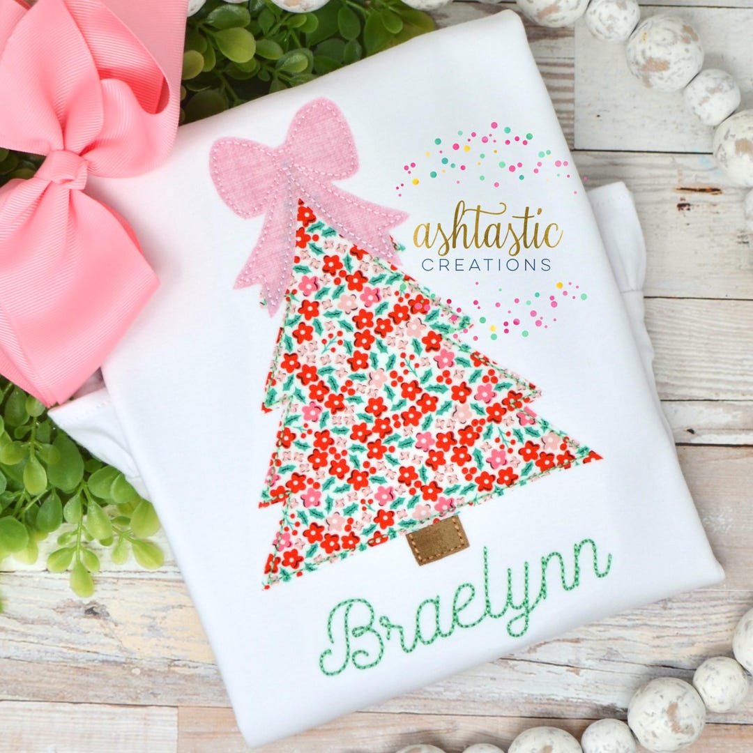 Girls Christmas Shirt / Personalized Floral Christmas Tree With Bow Tee ...