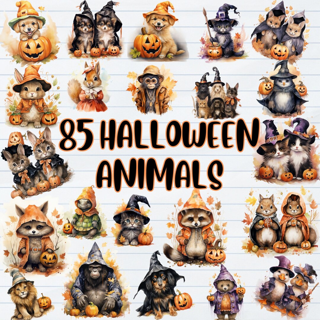 Watercolor Halloween Animals Clipart. 85 PNG Graphics, Instant Download ...