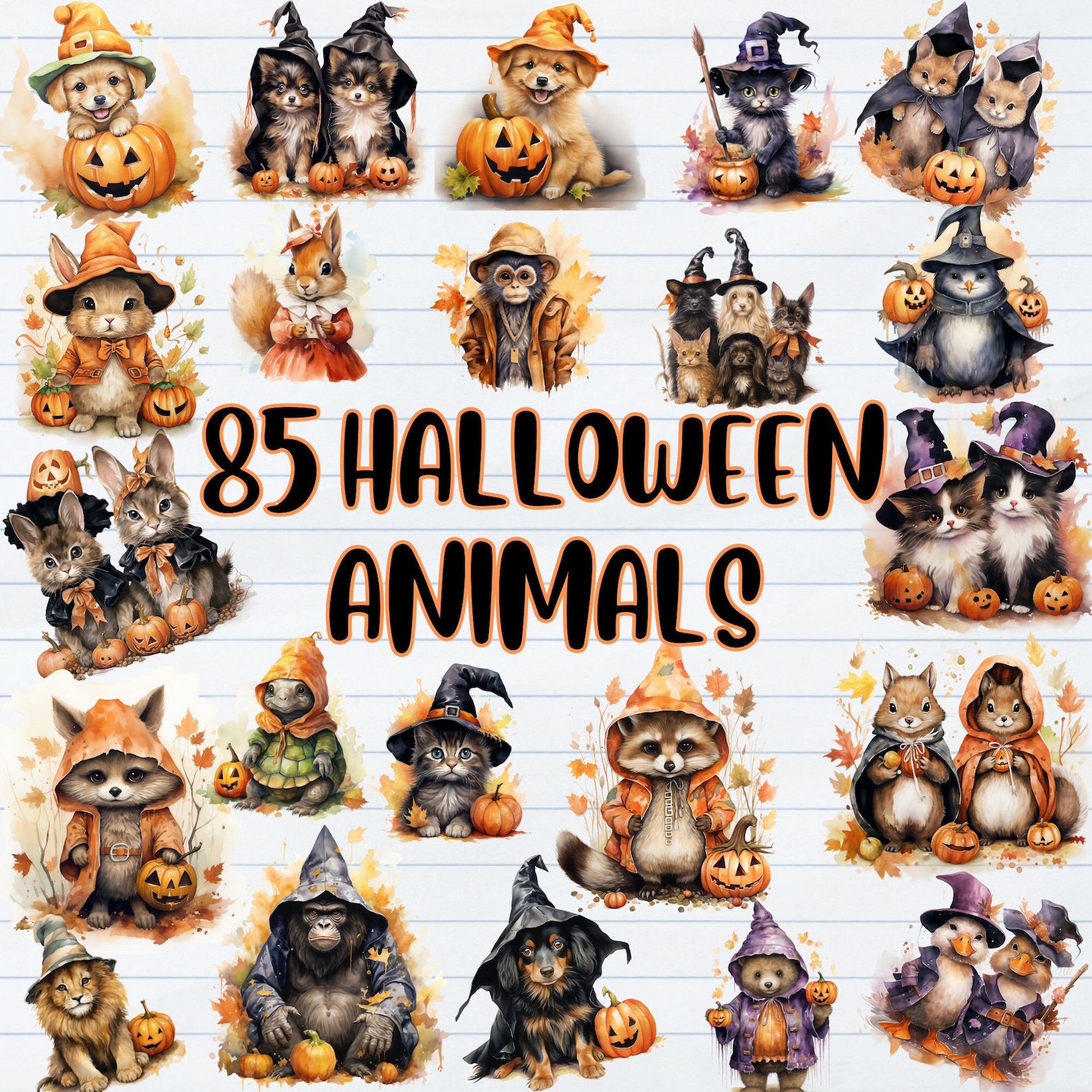 Watercolor Halloween Animals Clipart. 85 PNG Graphics, Instant Download ...