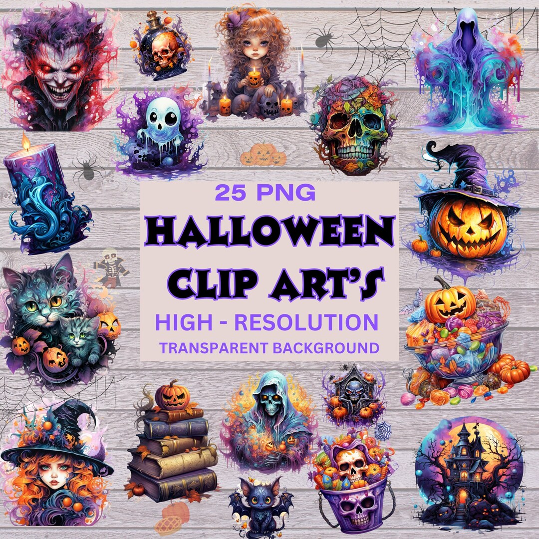 Vibrant Spooky Halloween Clip Arts. 25 PNG Graphics, Ghost, Pumpkins ...