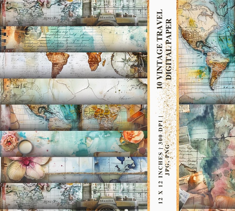 Vintage Travel Digital Paper | Printable Scrapbook Paper | Antique Map ...