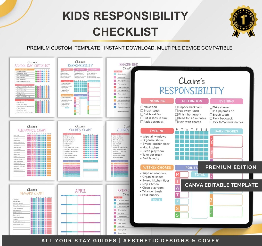Kids Responsibility Checklist for Children, Editable Routine Tracker ...