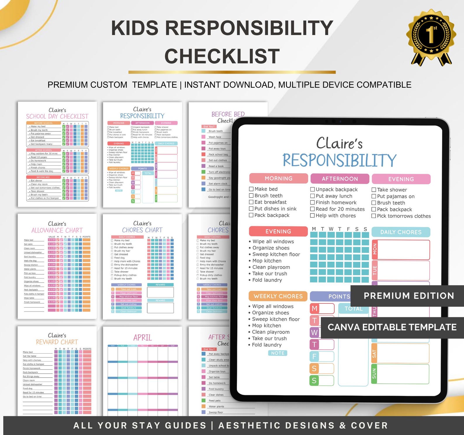 Kids Responsibility Checklist for Children, Editable Routine Tracker ...
