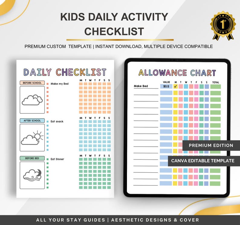 Kids Daily Activity Checklist for Children, Editable Routine Tracker ...