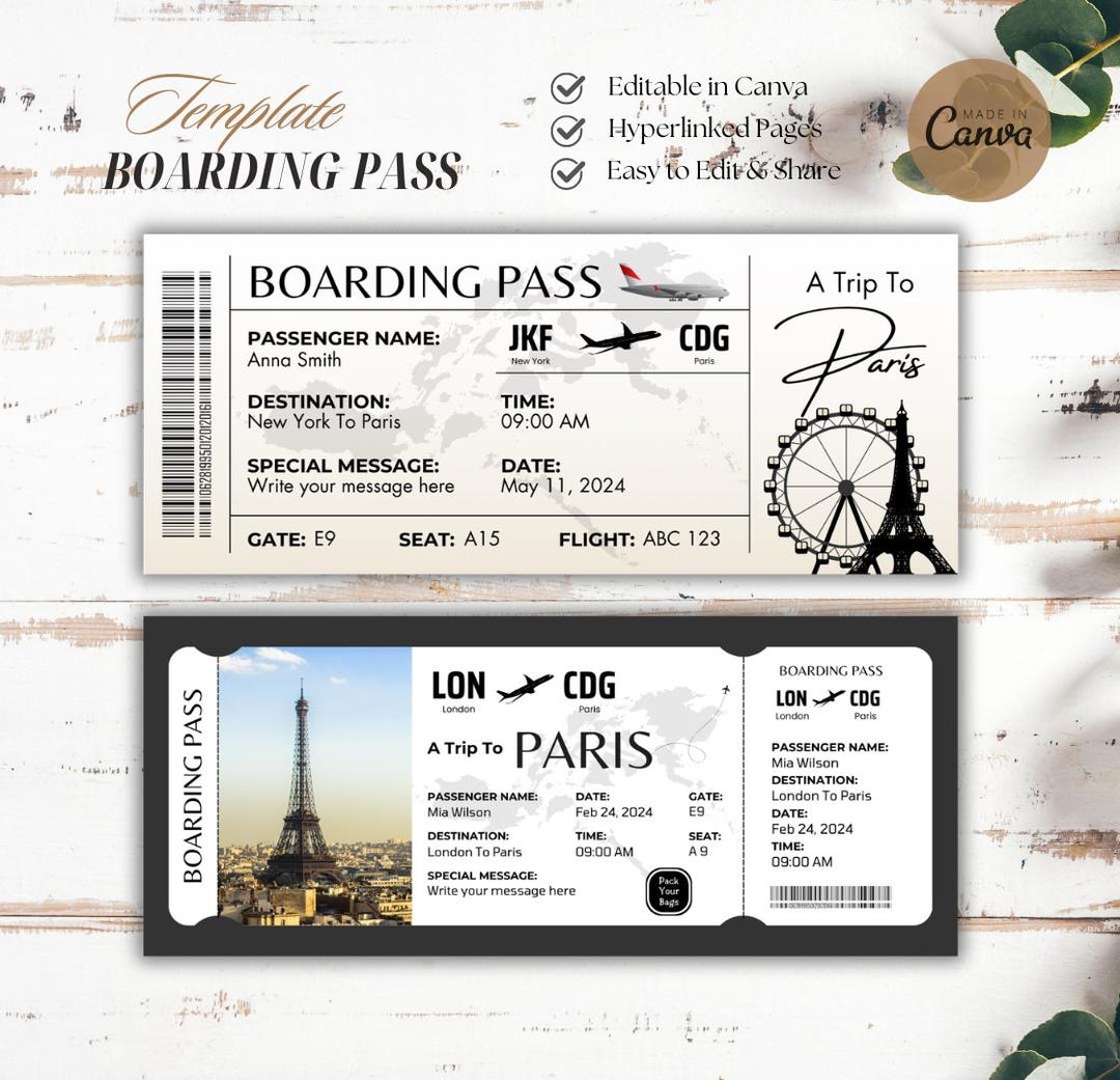 Paris Airline Boarding Pass Ticket Template | Instant Download ...