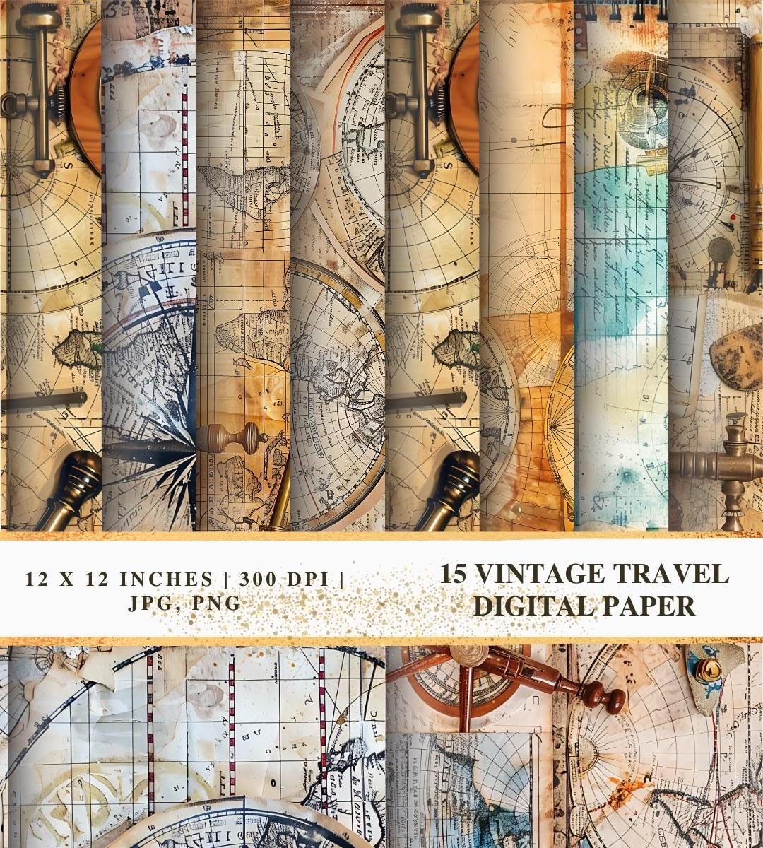 Vintage Travel Digital Paper | Antique Map & Ephemera Collage Sheets ...