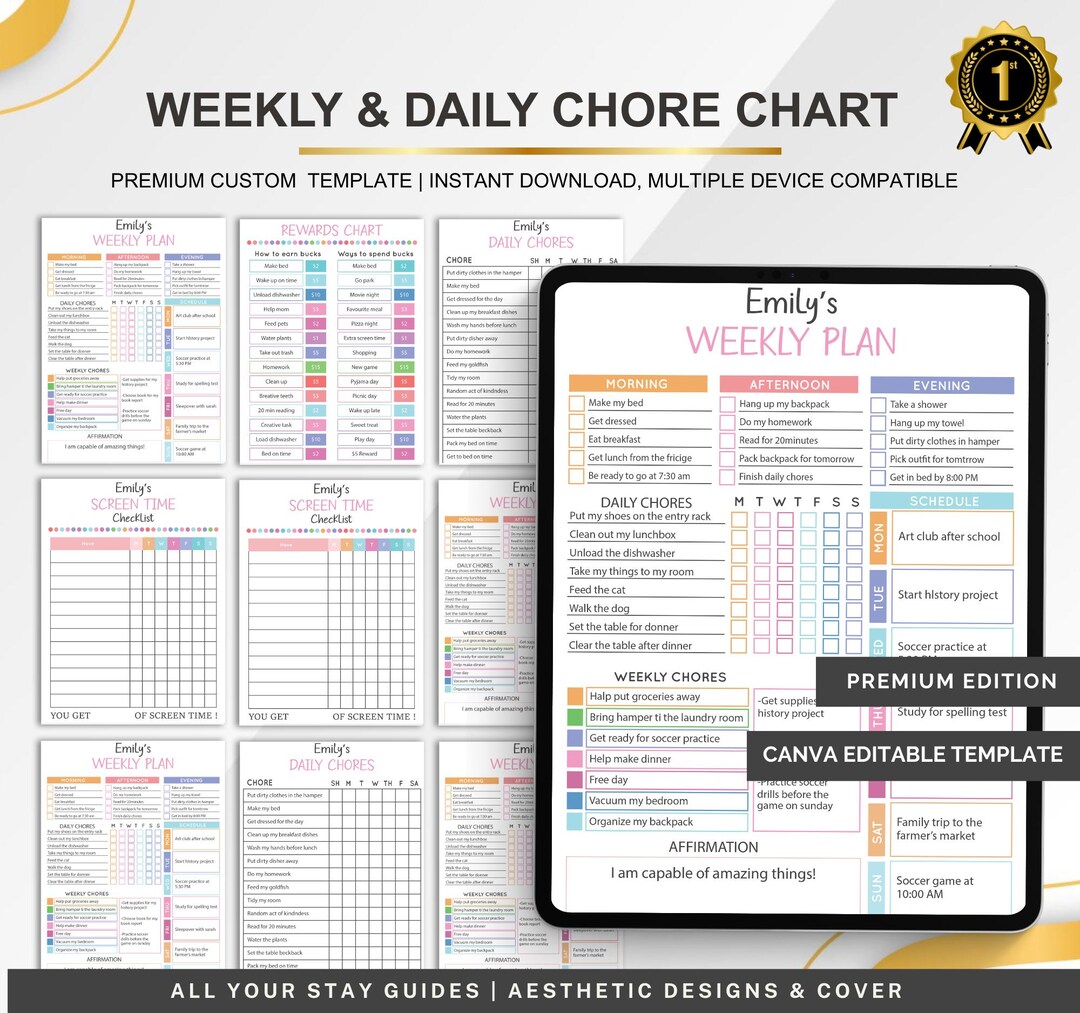 Kids Chore Chart Bundle: Routine Tracker & Reward System (editable PDF ...