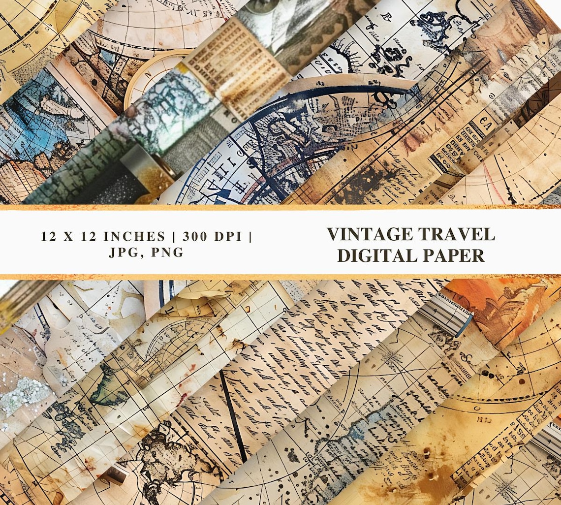 Vintage Travel Digital Paper | Antique Map & Ephemera Collage Sheets | Printable Junk Journal ...