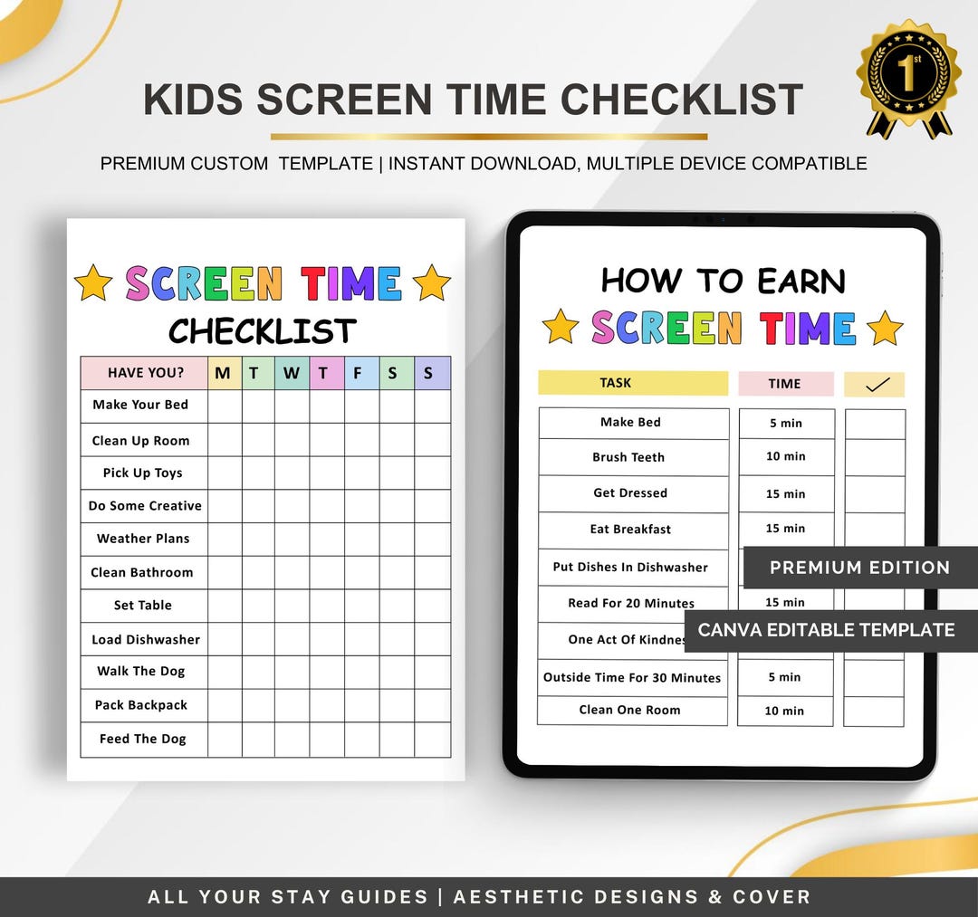 Printable Kids Screen Time Checklist, Digital Reward Chart Template ...