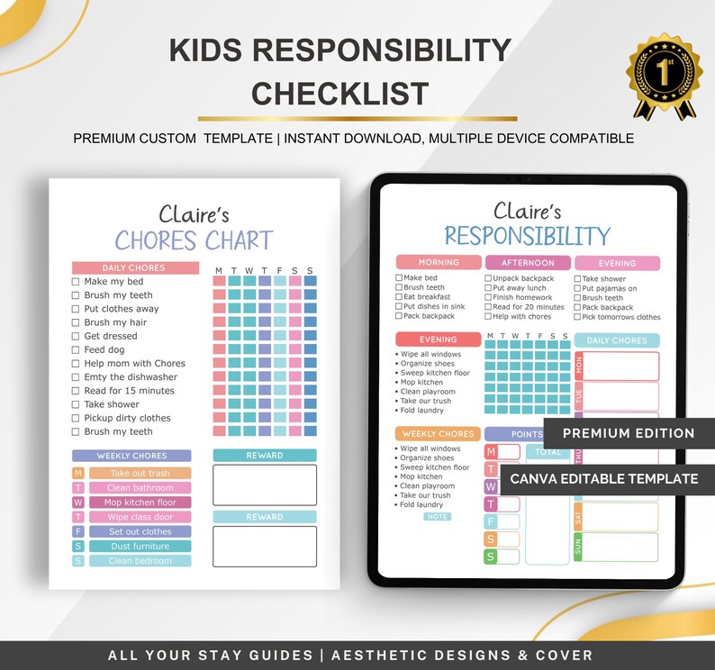Kids Responsibility Checklist for Children, Editable Routine Tracker ...