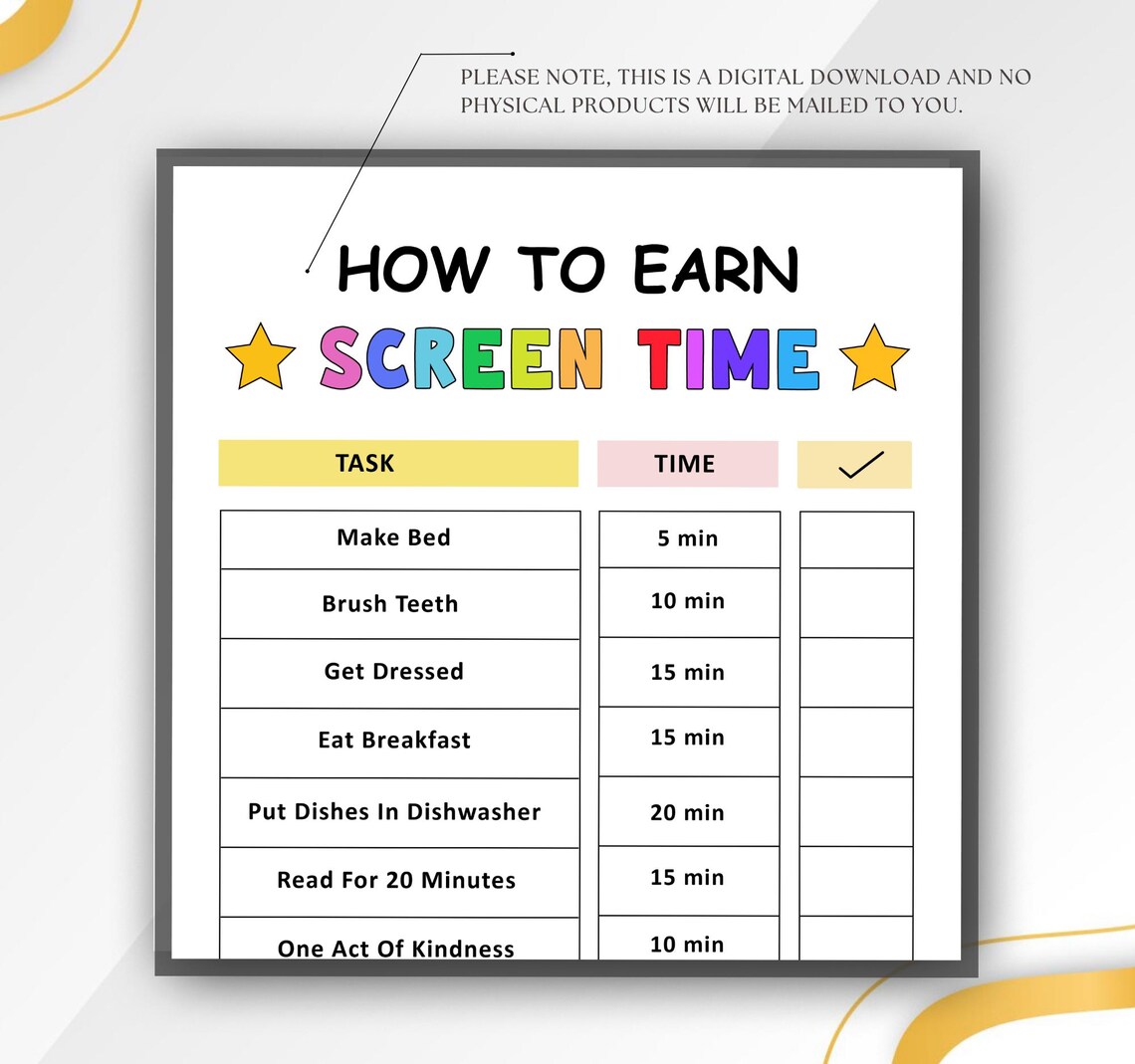 Kids Screen Time Checklist: Chore Tracker, Daily Routine (printable PDF ...