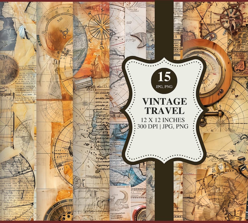 Vintage Travel Digital Paper | Antique Map & Ephemera Collage Sheets ...