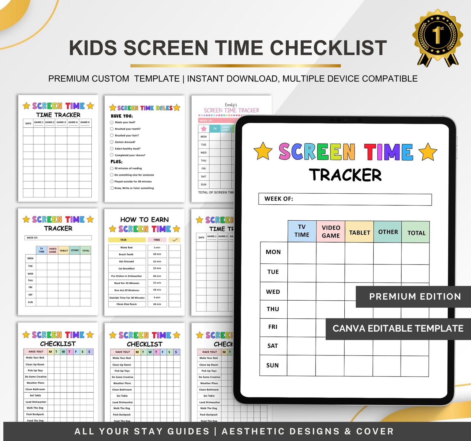 Kids Screen Time Checklist: Chore Tracker, Daily Routine (printable PDF ...