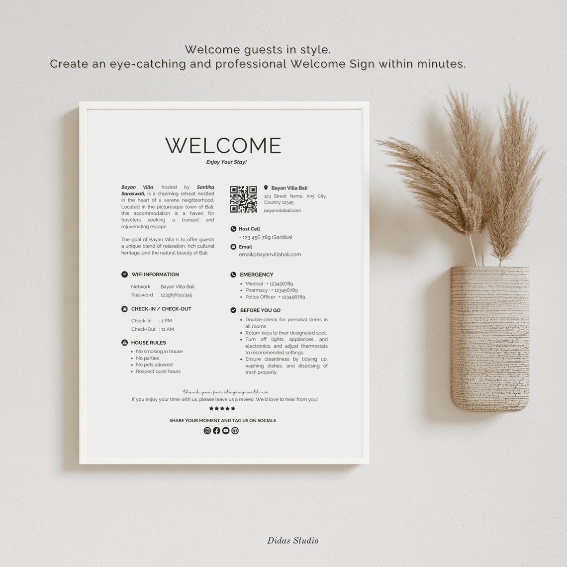 Vacation Rental Welcome Sign Template With QR Code (canva PDF) - Etsy