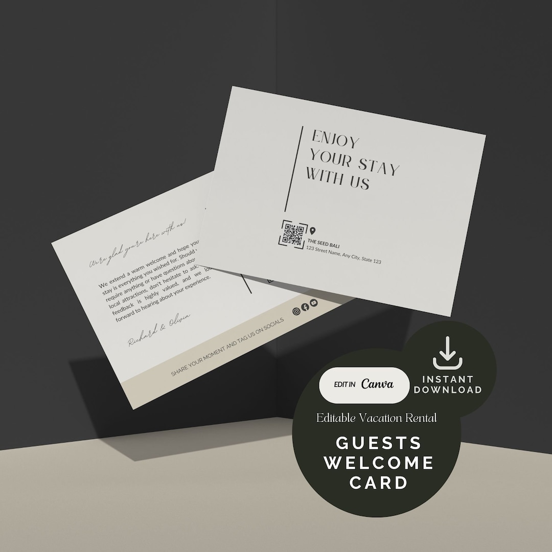 Guests Welcome Card, Minimal Vacation Rental Welcome Note, House Rental ...