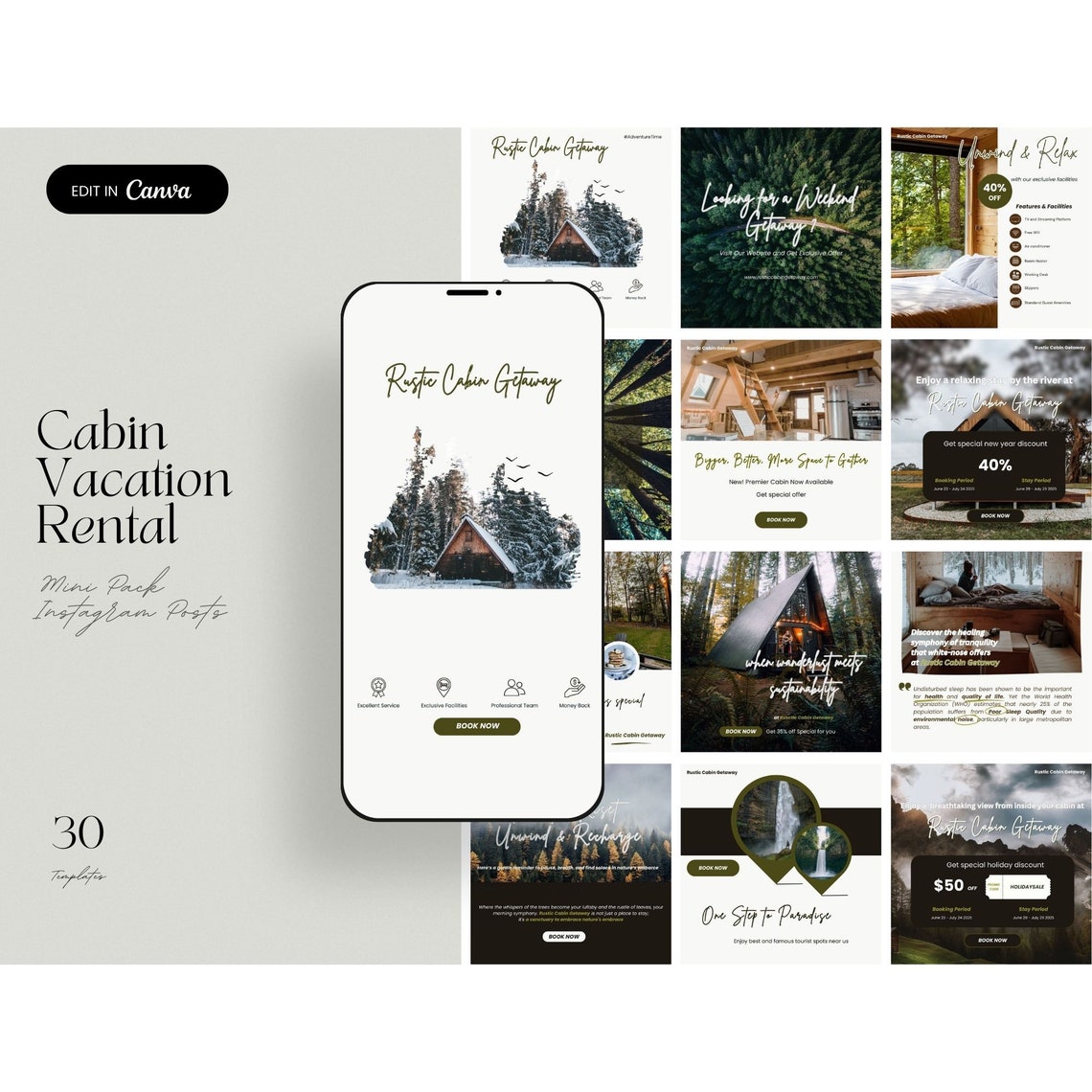 Cabin Vacation Rental Instagram Posts, Cabin Airbnb Template Social ...