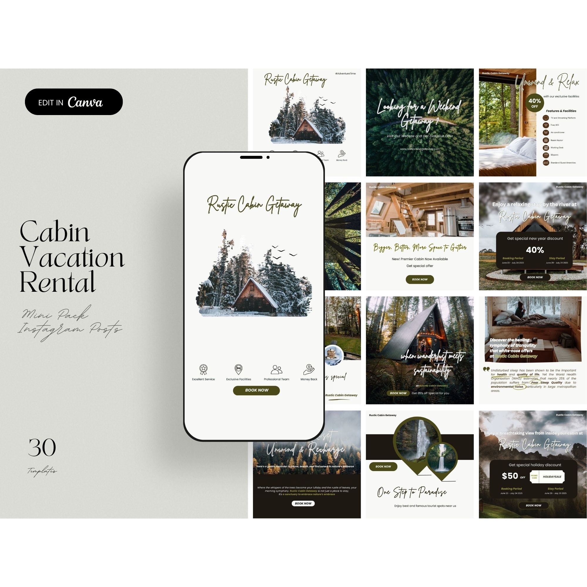 Cabin Vacation Rental Instagram Posts, Cabin Airbnb Template Social ...
