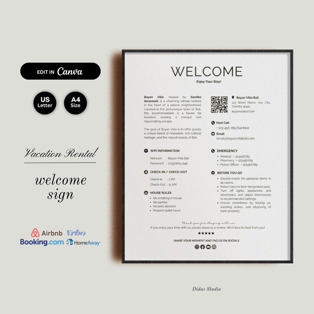 Vacation Rental Welcome Sign Template With QR Code (canva PDF) - Etsy