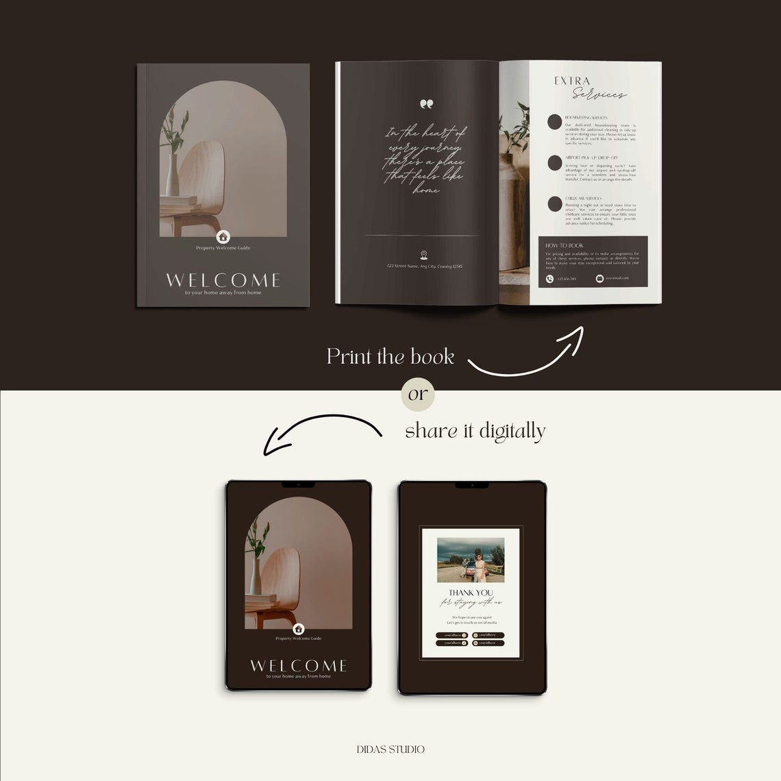 Modern Guest Welcome Book Template, Elegant Dark Brown Theme Rental ...