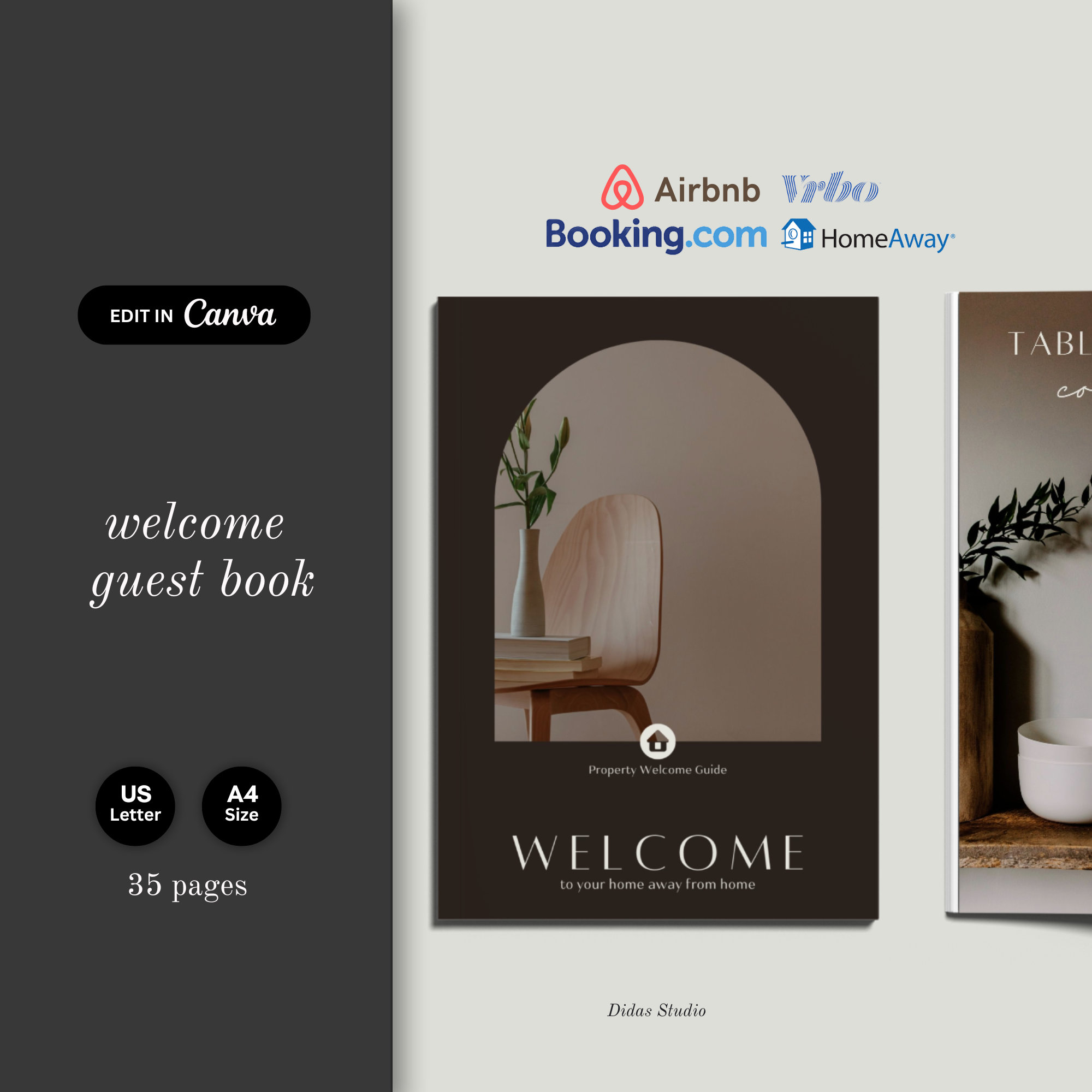 Modern Guest Welcome Book Template, Elegant Dark Brown Theme Rental ...