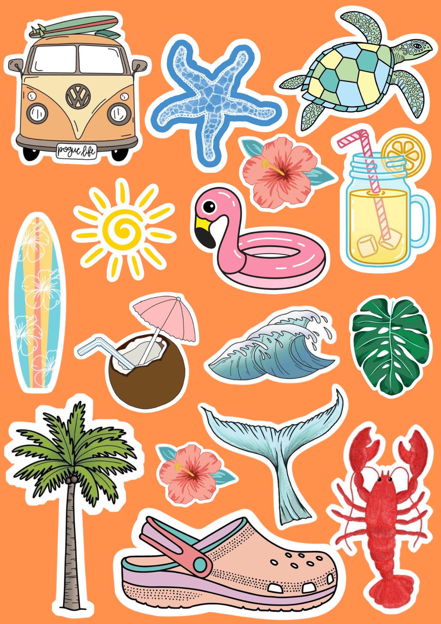 Summer Beach Stickers | Printable PNG Sheet | Flamingo, Surf Van, Palm ...