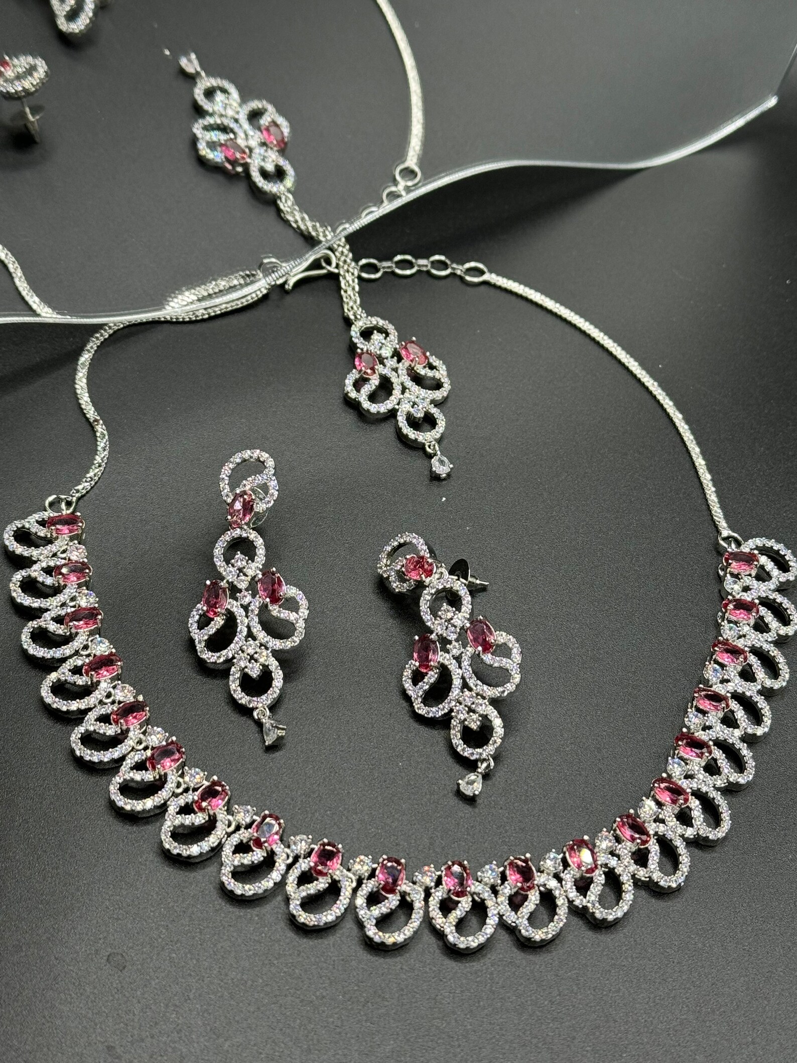 American Diamond Necklace and Earrings With Reddish Maroon Stones for a ...