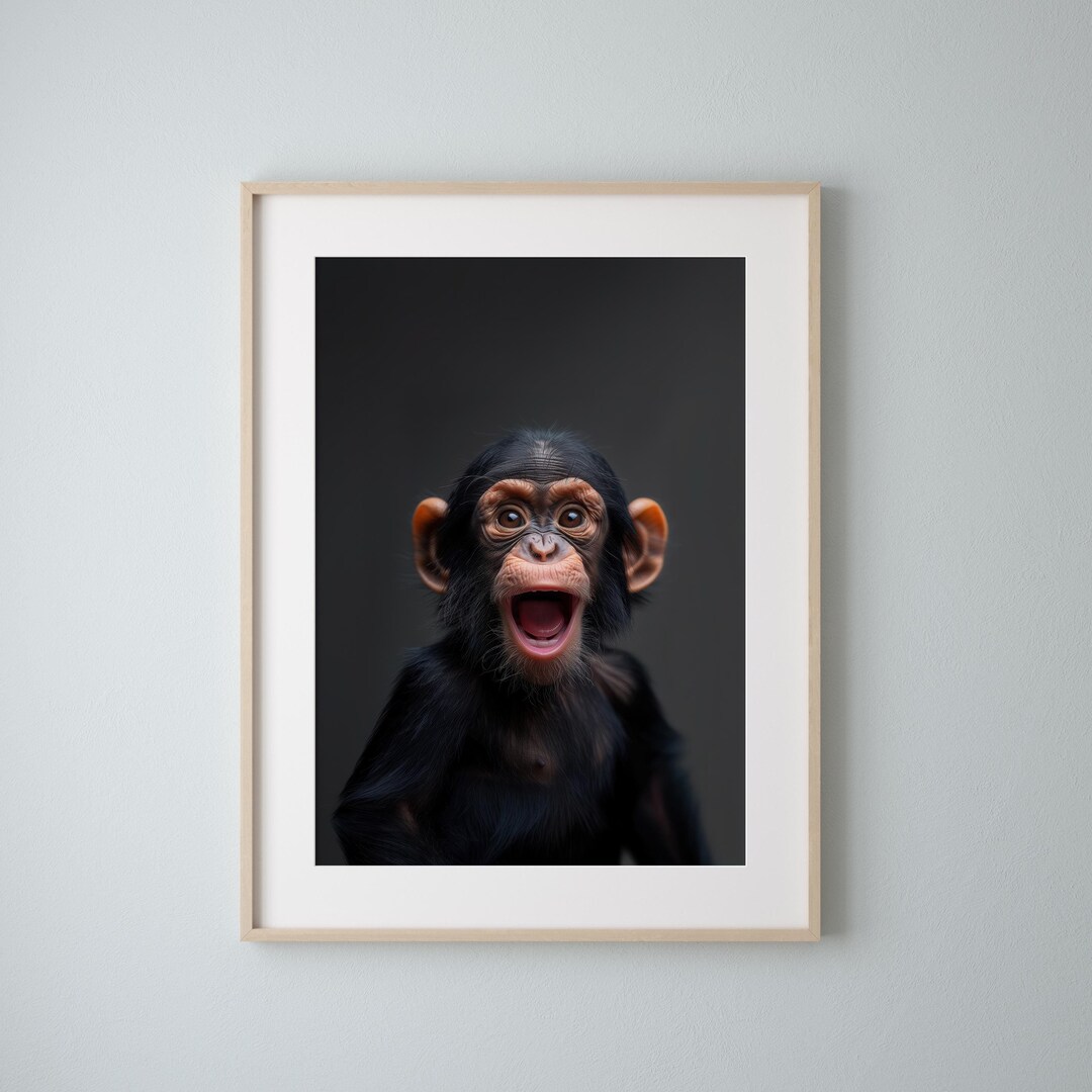 Laughing Chimpanzee Portrait Printable Funny Monkey Wall Art Cheerful ...