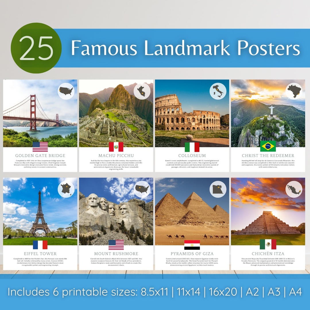 World Famous Landmarks Educational Posters | Ancient Wonders Wall Art ...