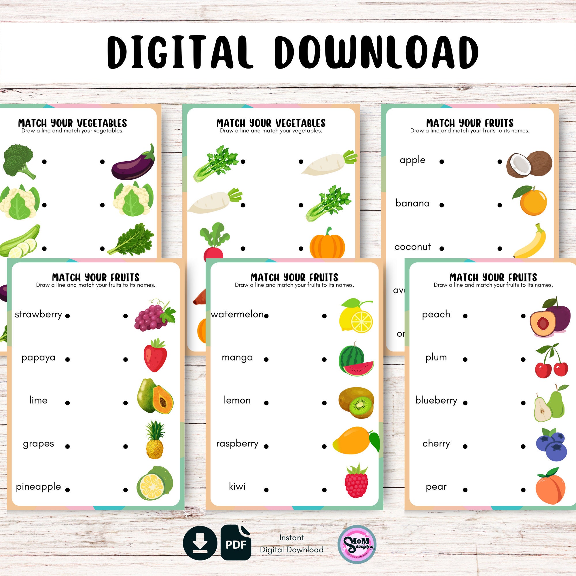 Fruits and Vegetables, Matching Activity, Matching Worksheet, Fruit ...
