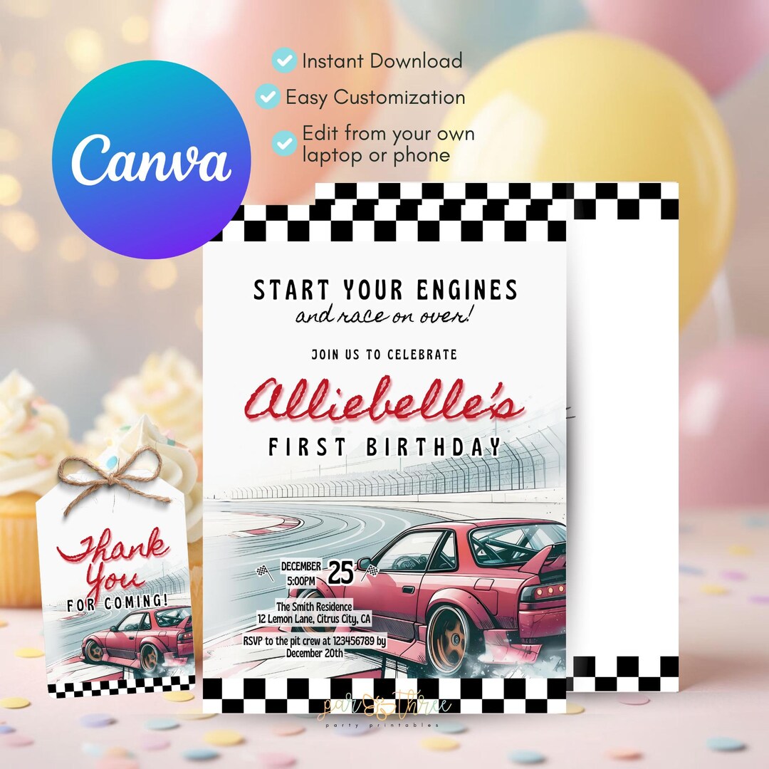 Race Car Birthday Invitations, Racing Theme Birthday Invite, Race Car ...