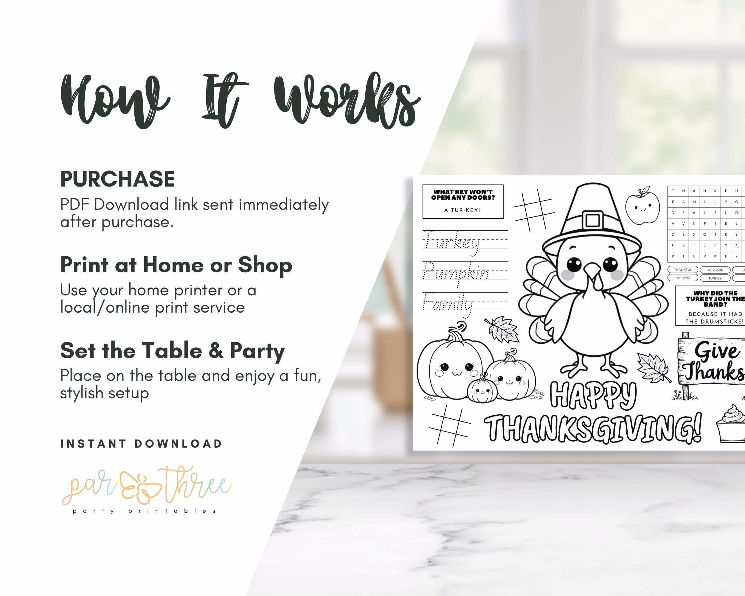 Printable Thanksgiving Coloring Placemat, Kids Activity Sheet, Word ...