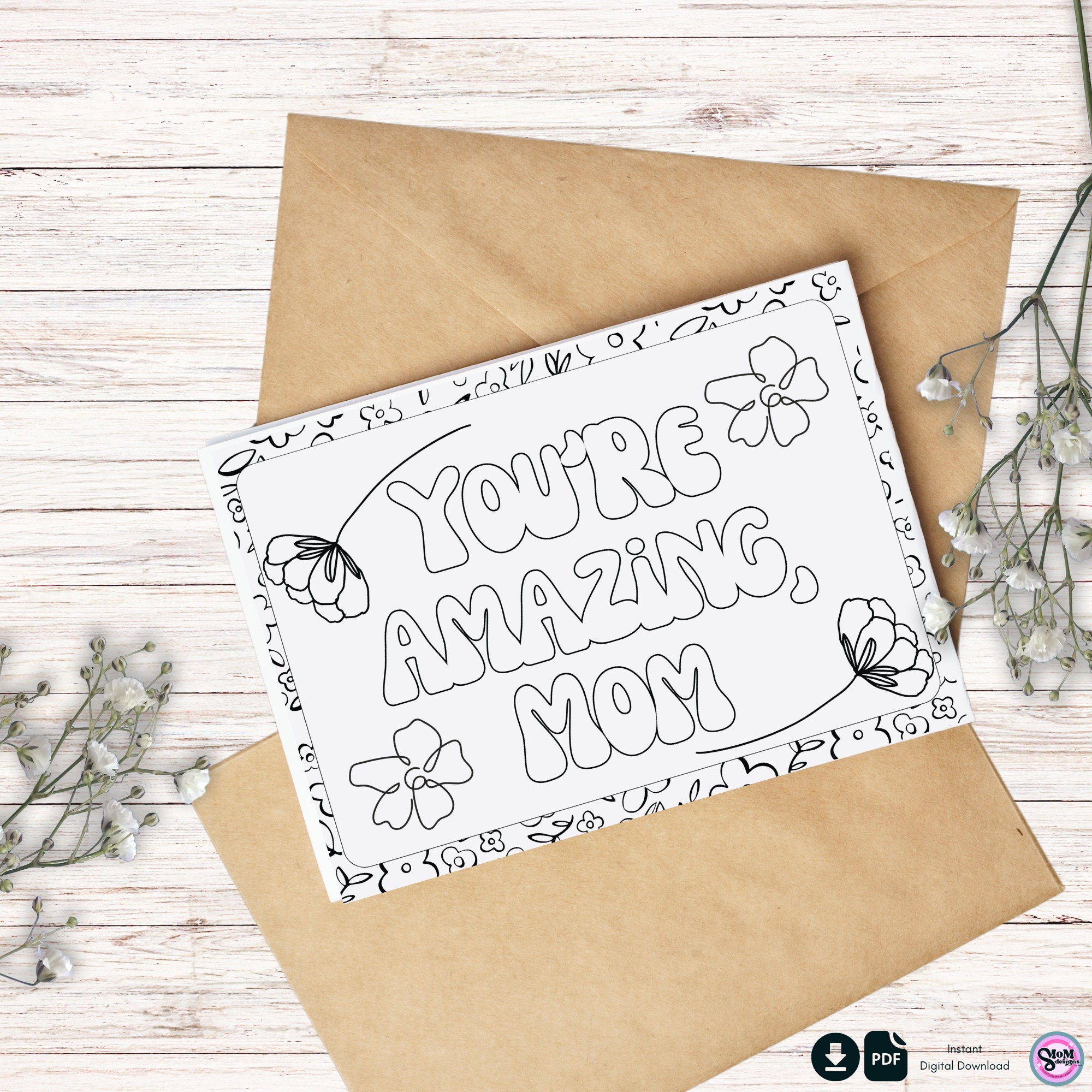 Floral Coloring Card for Mom Happy Mother's Day Printable, Kids Craft ...