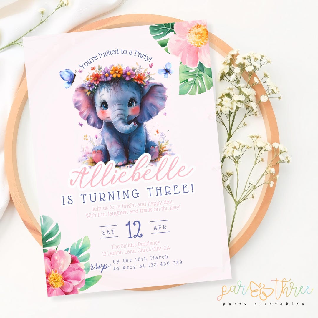 Pink Elephant Invitation | Baby Elephant Birthday Invite | Floral Baby ...